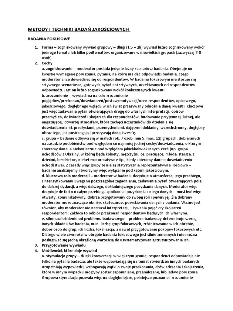 Metody badań społecznych - wywiad fokusowy | PDF