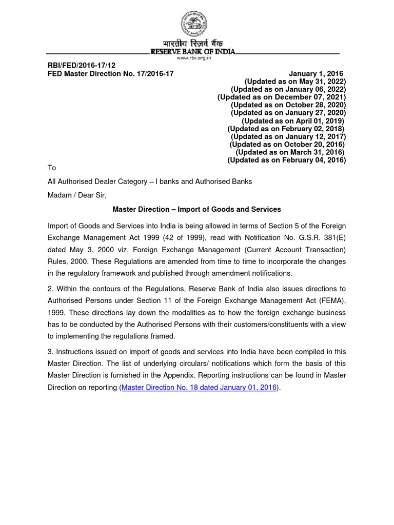 RBI Master Direction On Import of Goods and Services | PDF | Banks ...