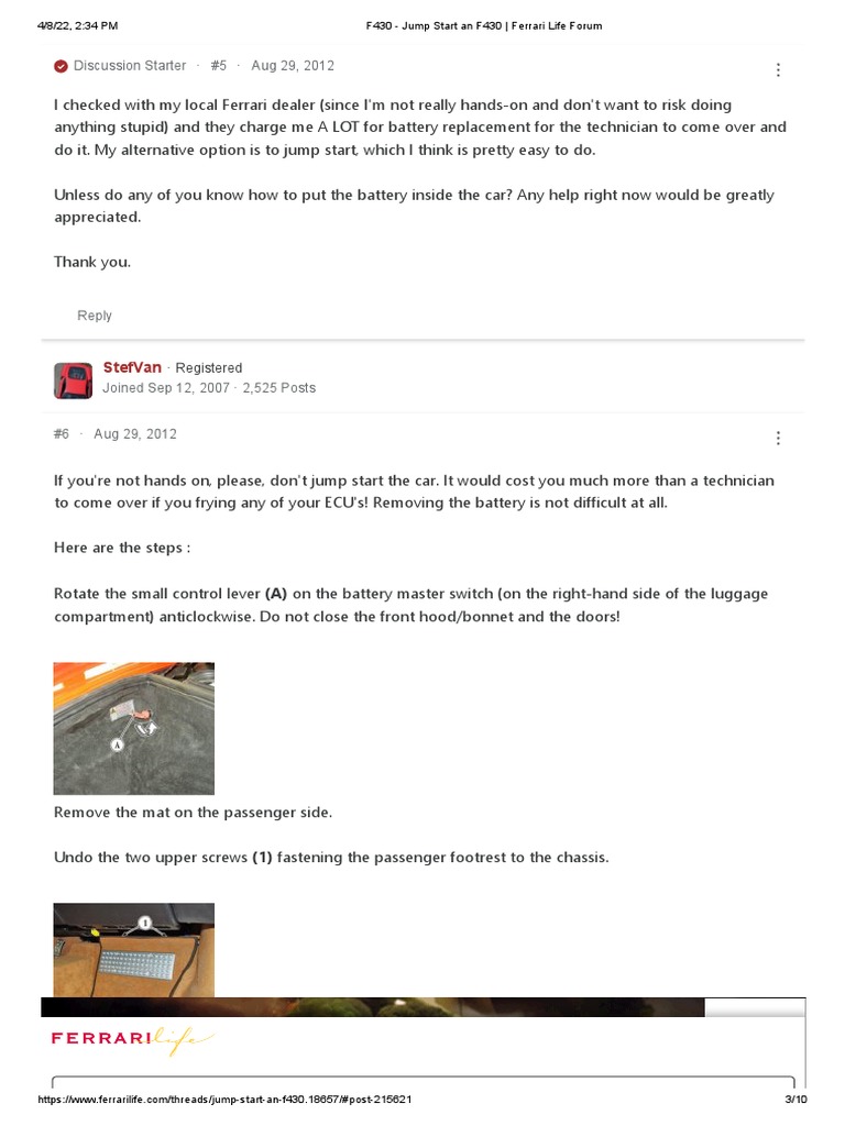 F430 - Jump Start An F430 - Ferrari Life Forum | PDF | Manufactured Goods