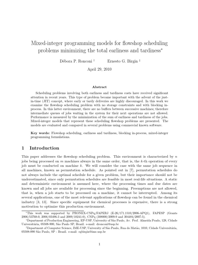 Mixed-Integer Programming Models For Flowshop Scheduling Problems Minimizing The Total Earliness ...