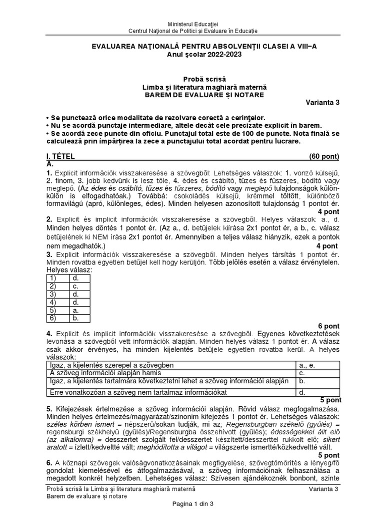 En VIII Maghiara Materna 2023 Bar 03 LRO | PDF