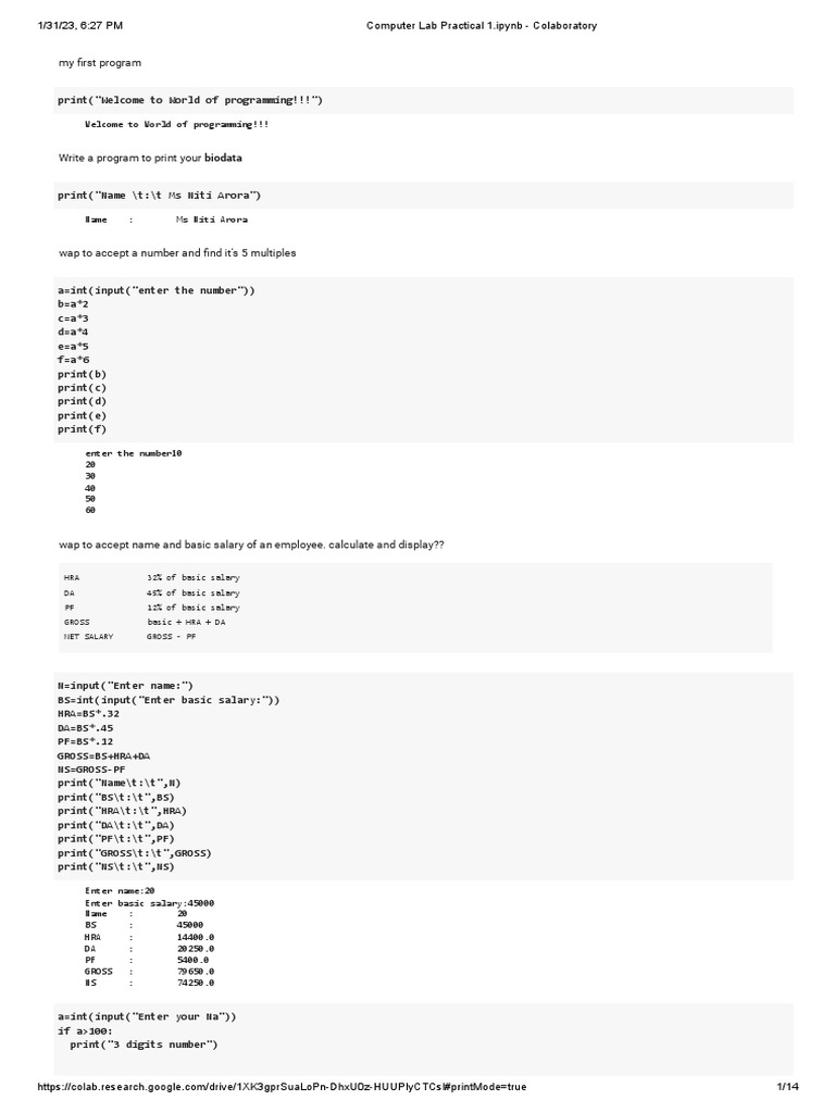 Computer Lab Practtical 1.ipynb - Colaboratory | PDF | Fahrenheit | Computer Programming