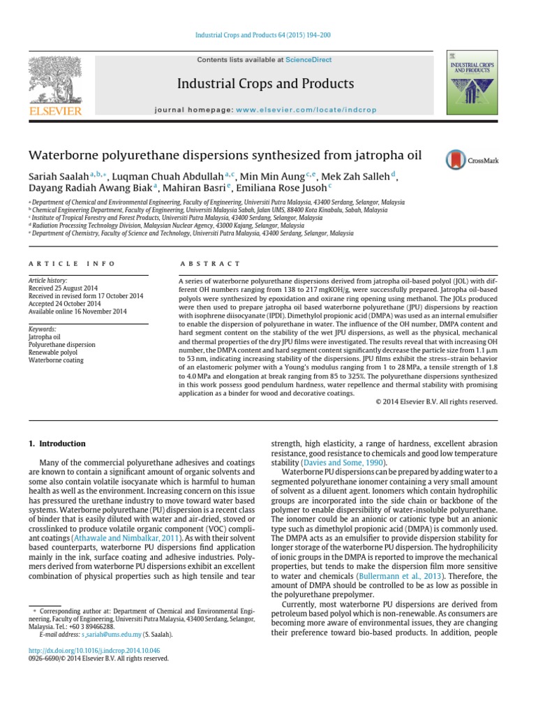 Waterborne Polyurethane Dispersions Synthesized F - 2015 - Industrial ...