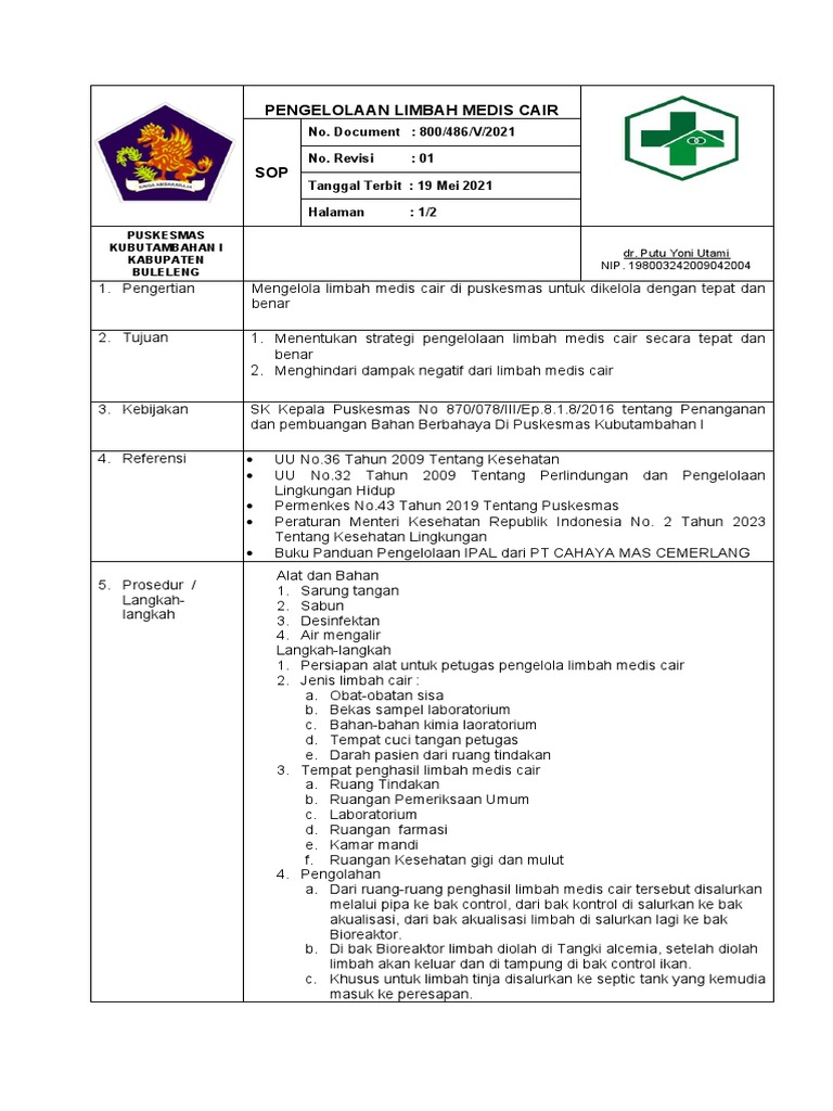 Sop - Pengelolaan Limbah Medis Cair | PDF | Kesehatan Holistik | Sains & Matematika