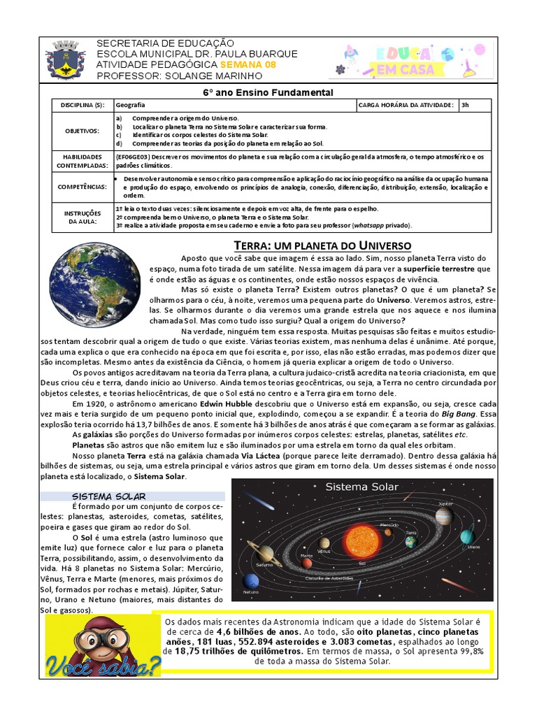 Semana 8 6 Ano PB PDF | PDF | Sistema Solar | Planetas