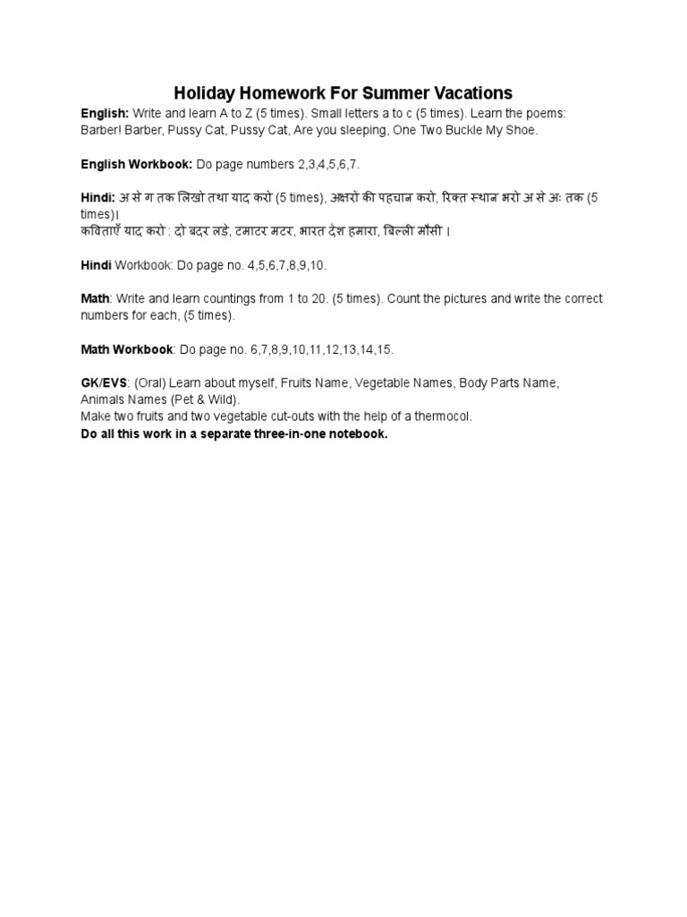 Holiday Homework | PDF