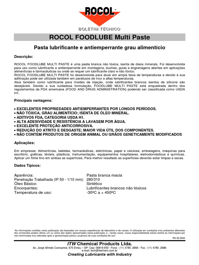 Graxa Rocol - Foodlube Multi Paste | PDF | Food and Drug Administration ...