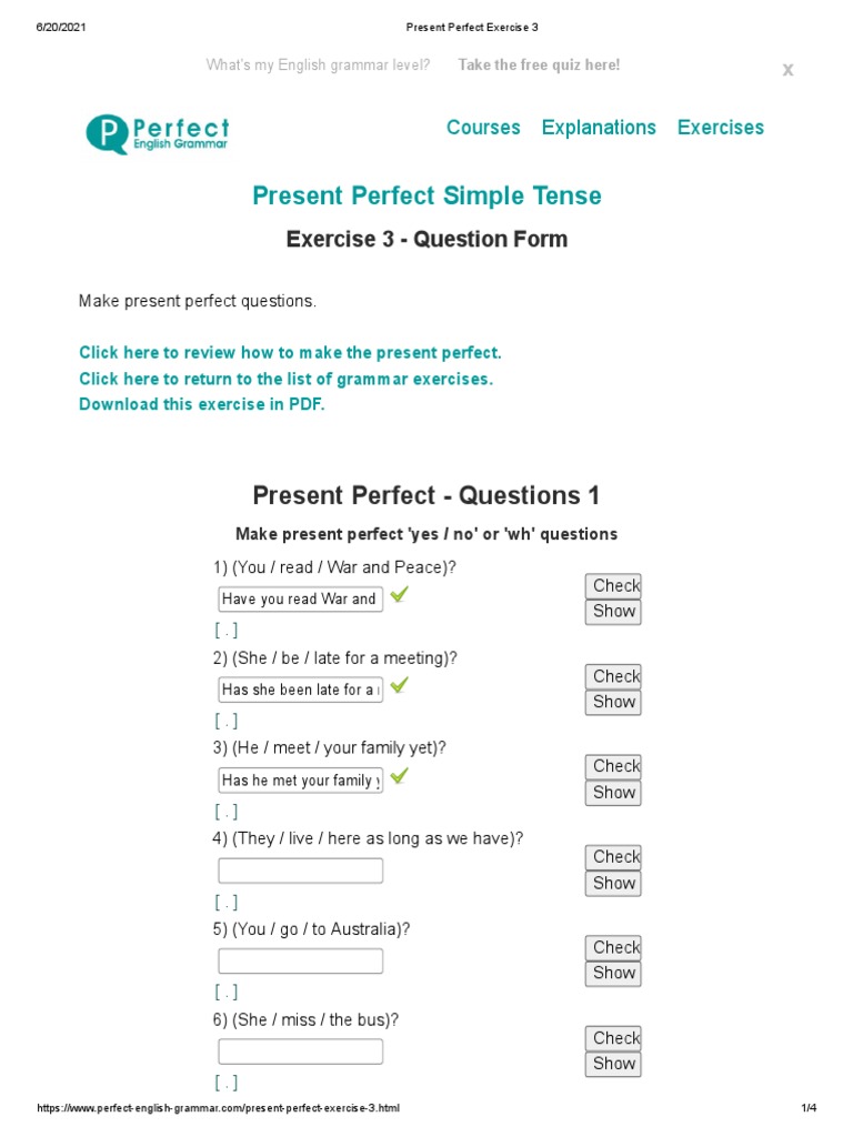 Present Perfect Question Exercise | PDF | Language Mechanics | Grammar