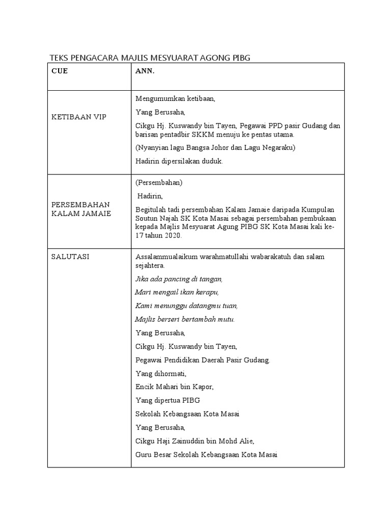 Teks Pengacara Majlis Mesyuarat Agong Pibg | PDF