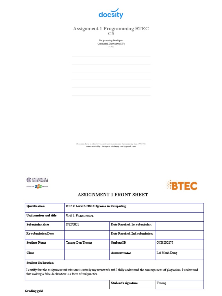 Docsity Assignment 1 Programming Btec C Pdf Compiler Algorithms 1158