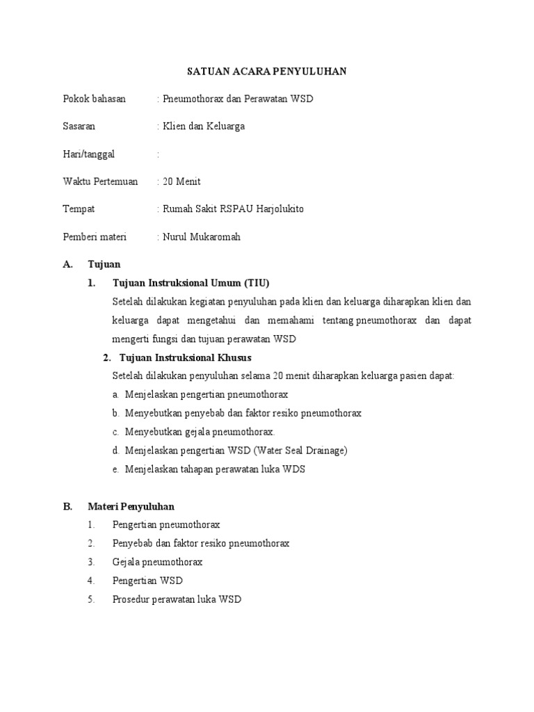 SAP Pneumothorax Dan Perawatan WSD | PDF