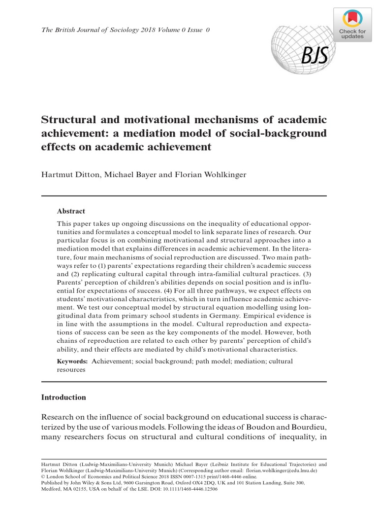 5 Structural and Motivational Mechanisms of Academic Achievement - A Mediation Model of Social ...