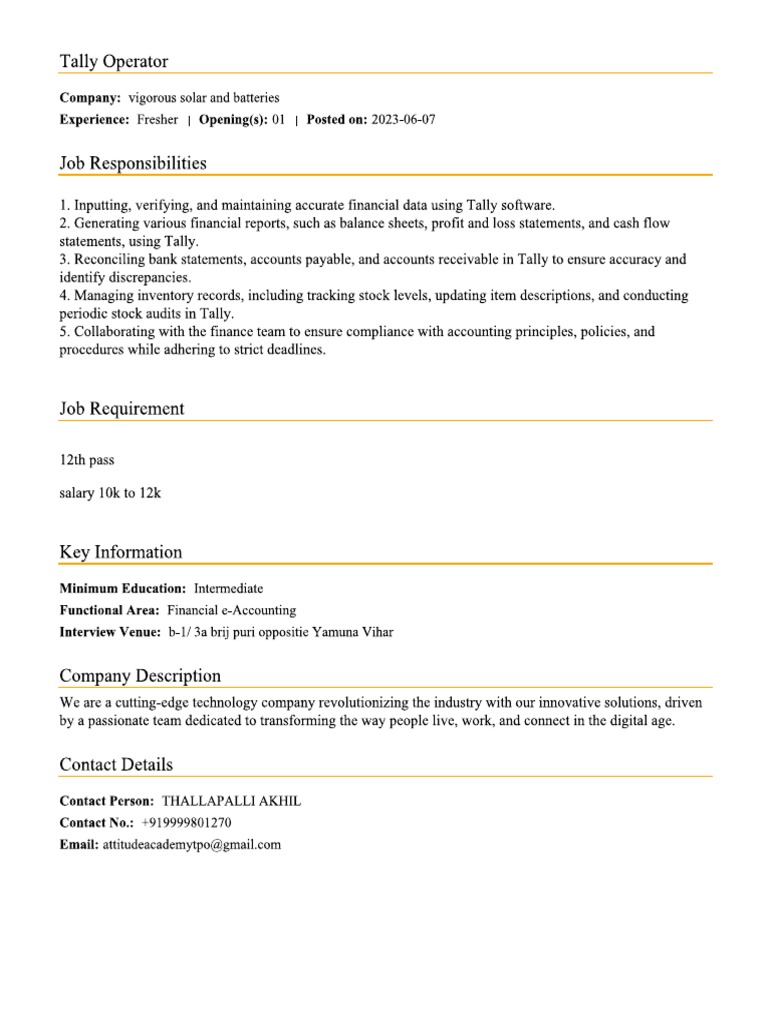 Hiring Tally Operator (Vigorous Solar Bateries) | PDF