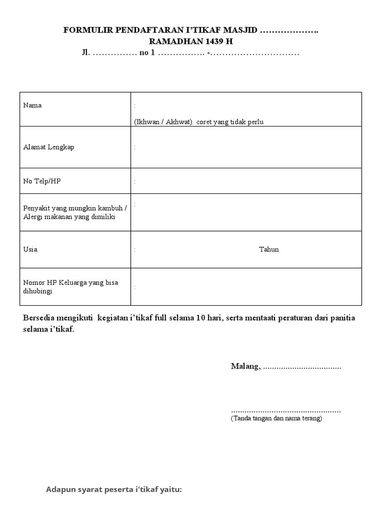 Contoh FORMULIR PENDAFTARAN Iktikaf | PDF