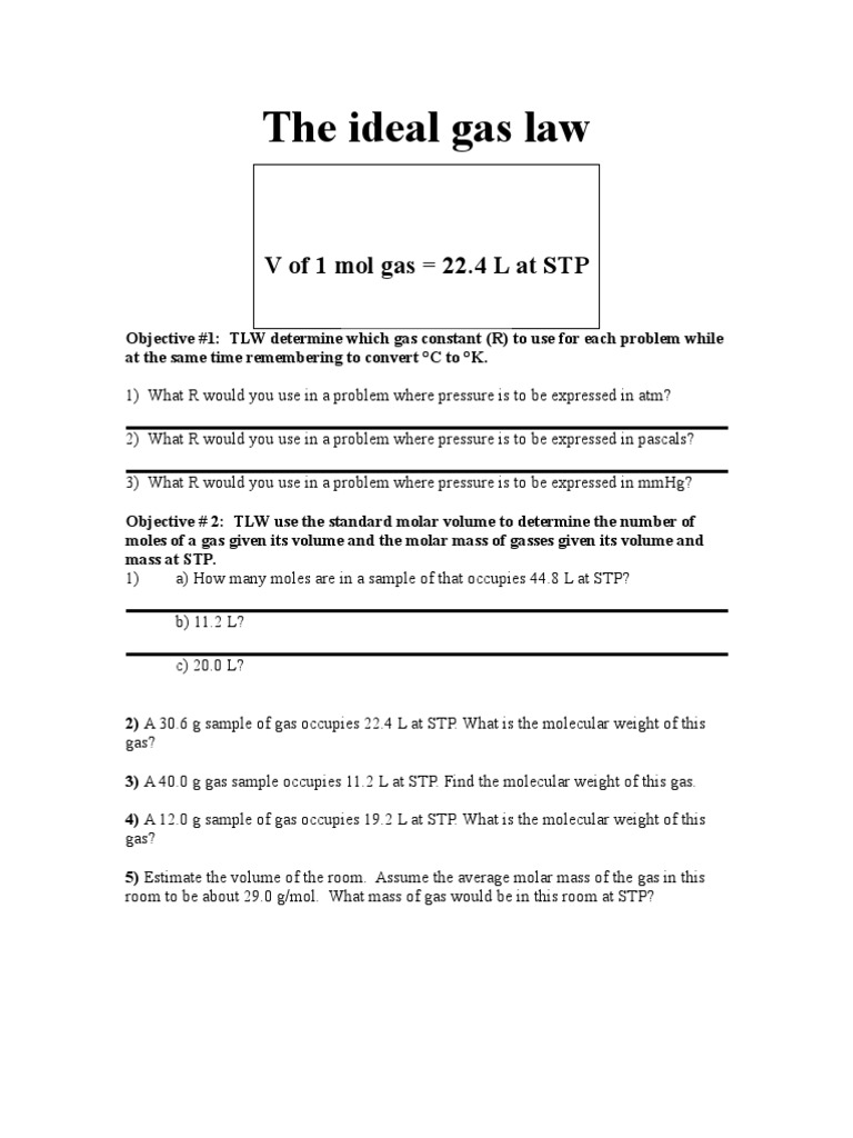 Ideal Gas Law Worksheet | PDF | Science & Mathematics