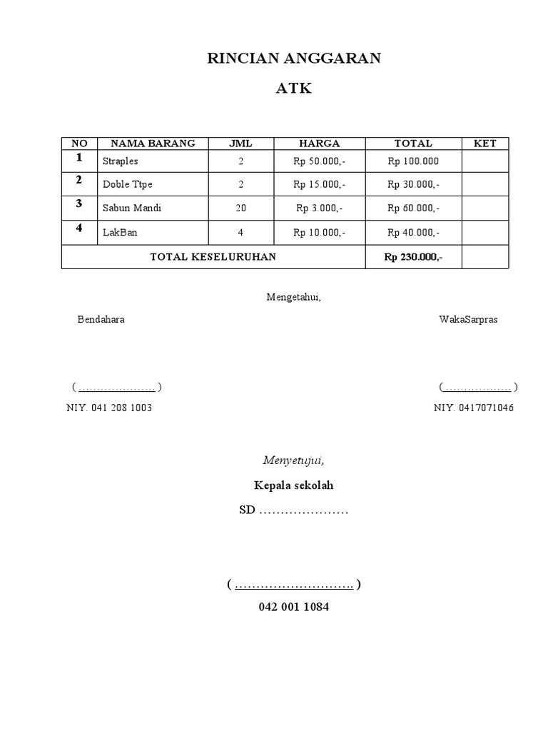 Contoh Rincian Pengajuan Anggaran Atk | PDF