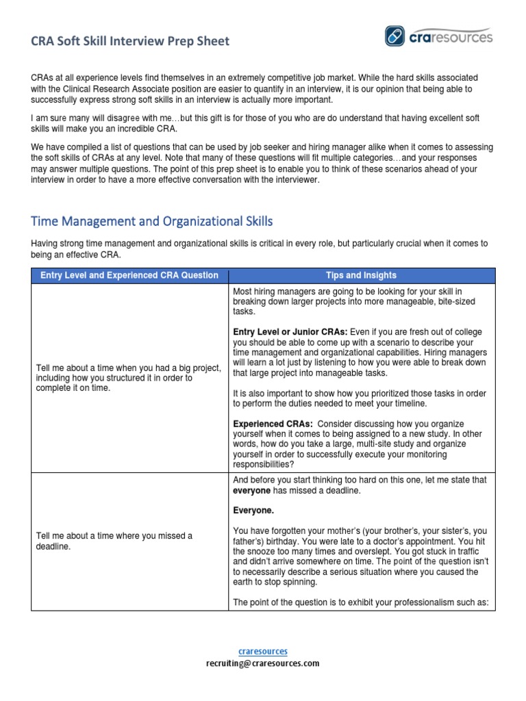 CRA Soft Skill Interview Prep Sheet 1675232402 | PDF | Critical Thinking | Communication