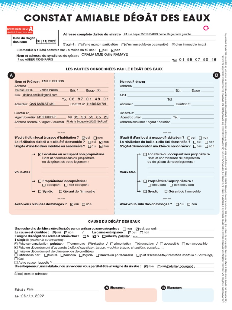 Modèle de constat amiable dégât des eaux | PDF