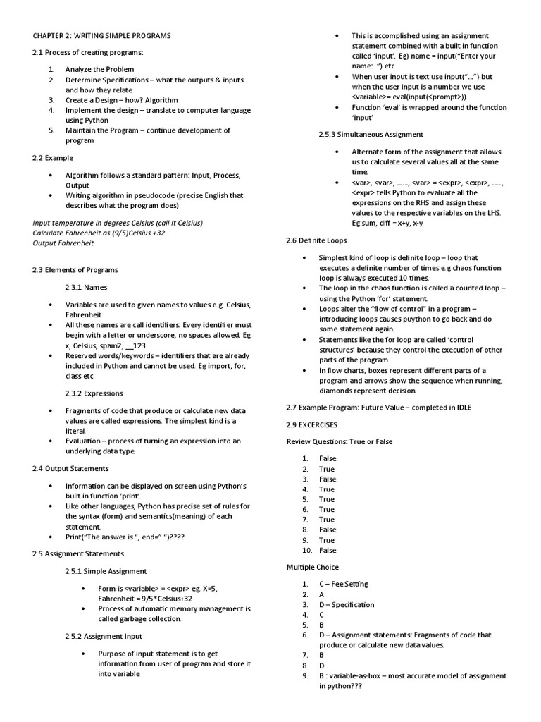 Chapter 2 Summary | Download Free PDF | Control Flow | Computer Program