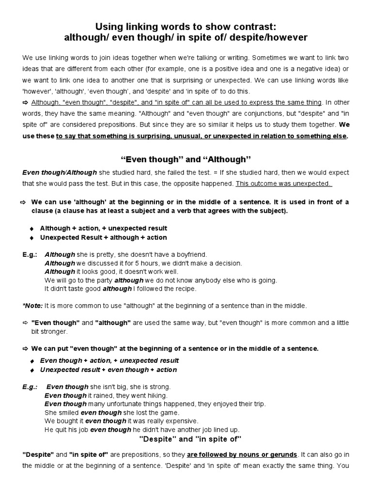 Linkers of Contrast - However: Although: in Spite: Although: Even ...