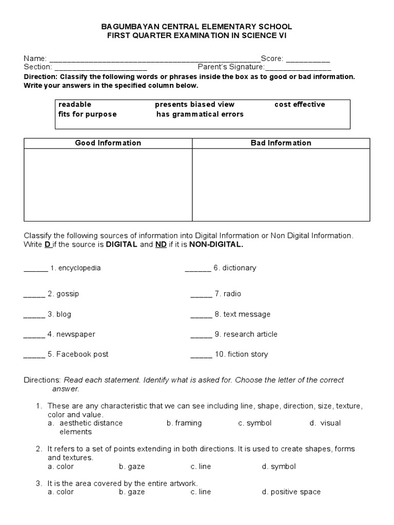 English 6 First Quarter Exam | PDF | Information | Aesthetics