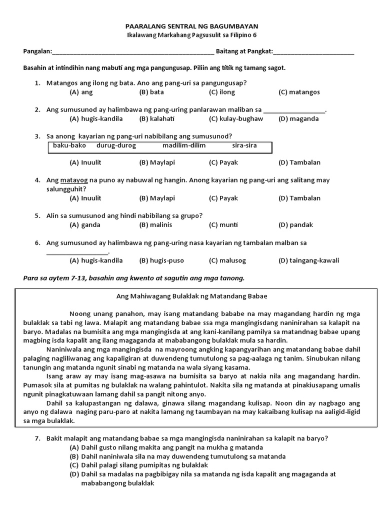 Filipino 2nd Grading Exam 2022-2023 | PDF