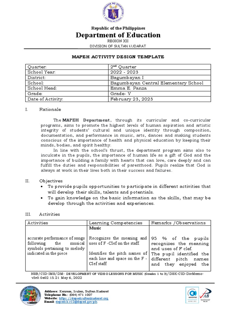 Mapeh Activity Design Grade V 2ND Quarter | PDF | Cognition | Learning