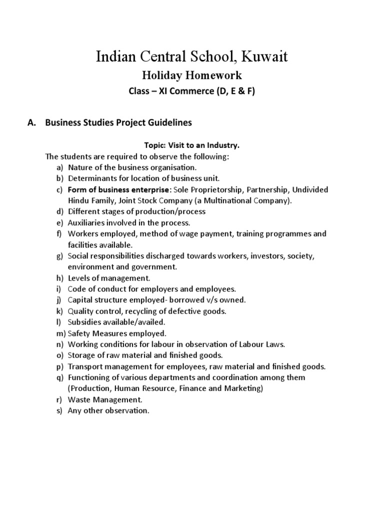 Xi D E F Holiday Homework Pdf Employment Business