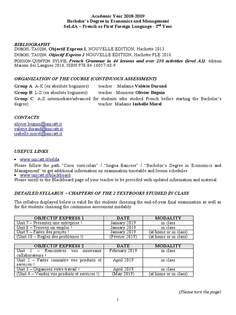 French Language Syllabus for Economics Degree | PDF | Pronoun ...