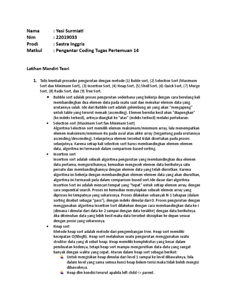 Tugas Pengantar Coding Pertemuan 14 Yesisurmiati22019033 | PDF