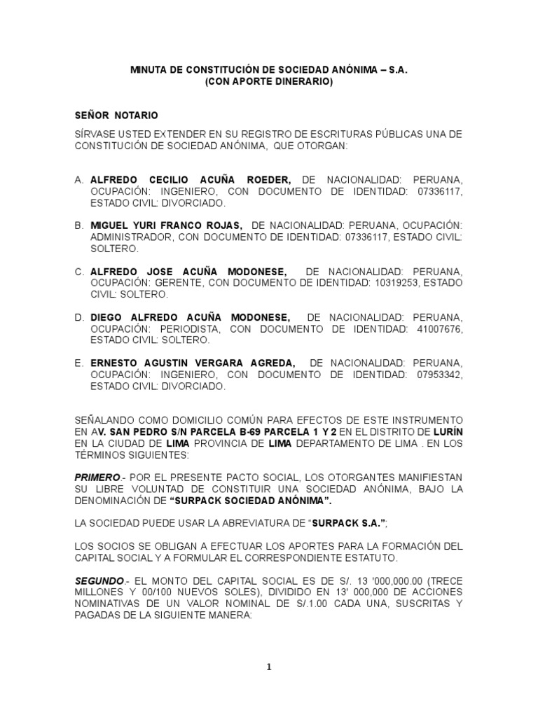 MINUTA DE CONSTITUCIÓN DE SOCIEDAD ANÓNIMA CON APORTE DINERARIO - Surpack S.A | PDF