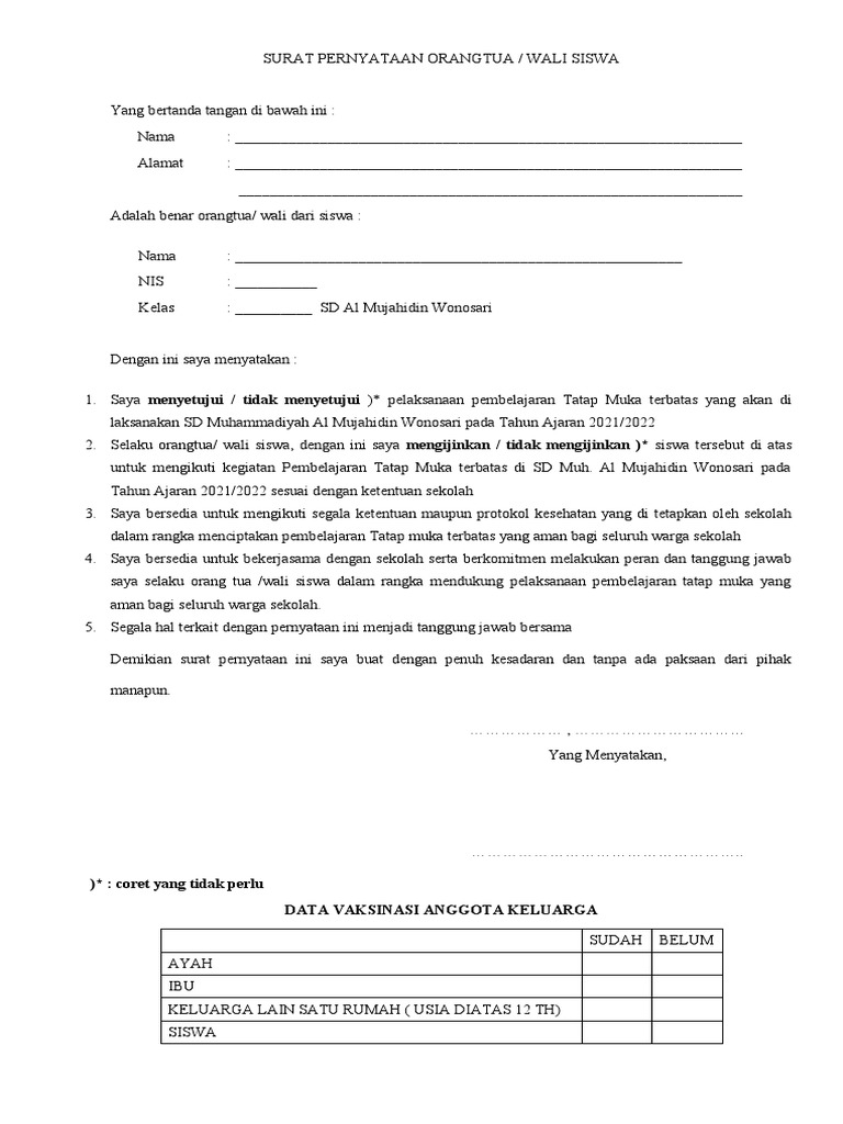 Surat Pernyataan Orangtua | PDF