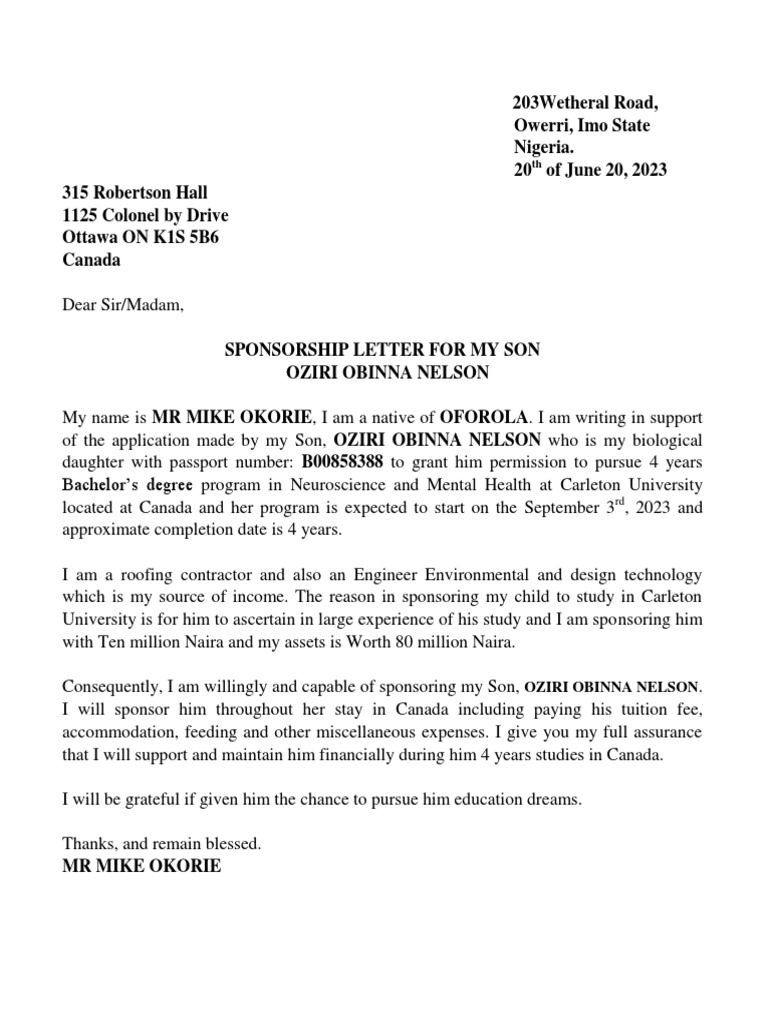 Sponsorship Letter for Canadian Studies | PDF