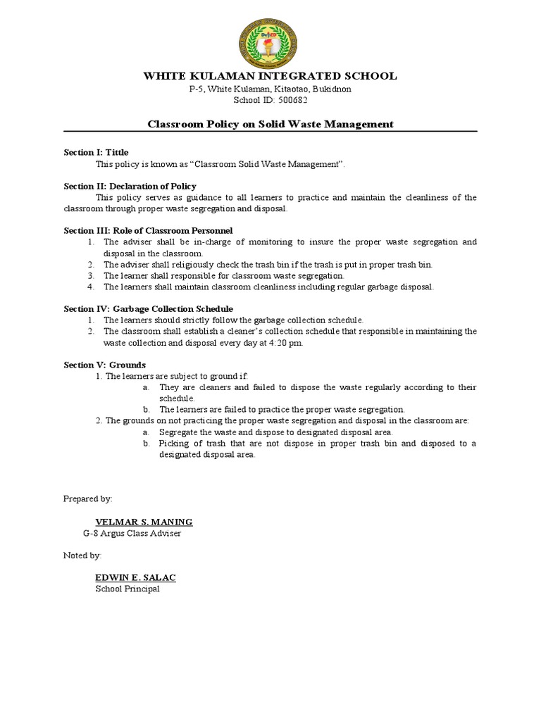 Classroom Solid Waste Management Policy | PDF