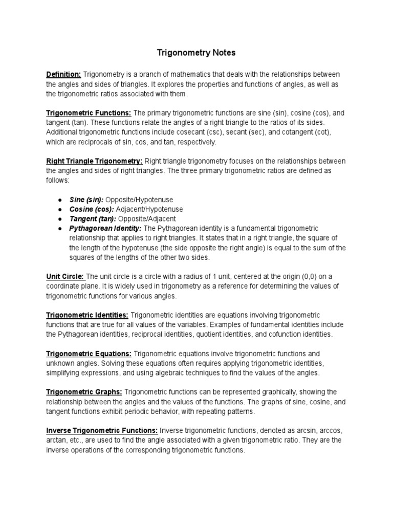 Trigonometry Notes | PDF