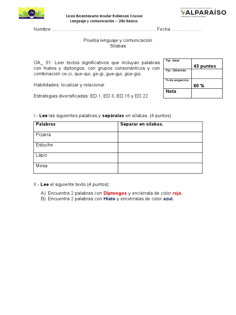 Evaluación de Sílabas y Fonética 2° Básico | PDF | Sílaba | Cognición