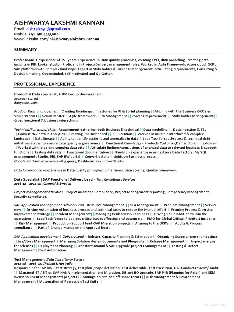 Aishwarya Lakshmi Kannan CV | PDF | Project Management | Data