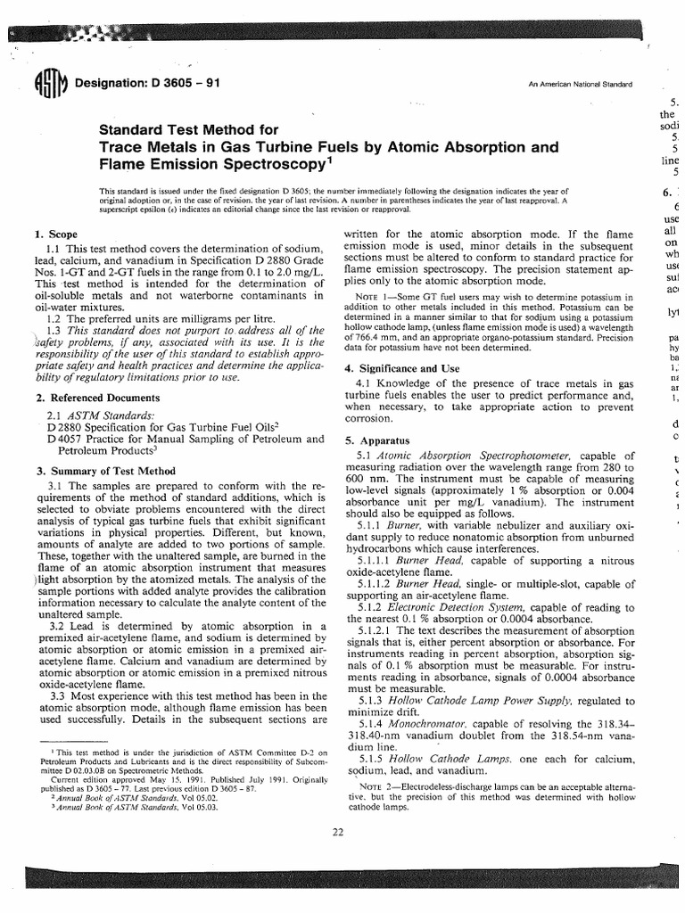 Astm D 3605-91 Trace Metals in Gas Turbine Fuels by Atomic Absorption ...