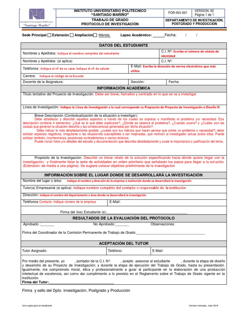 Forma 001 Inv - Protocolo PI 2015 (Instrucciones) | PDF | Crecimiento personal y profesional | Arte