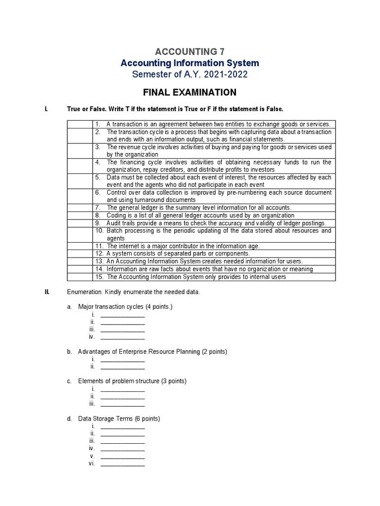 Accounting Information System Exam Guide | PDF