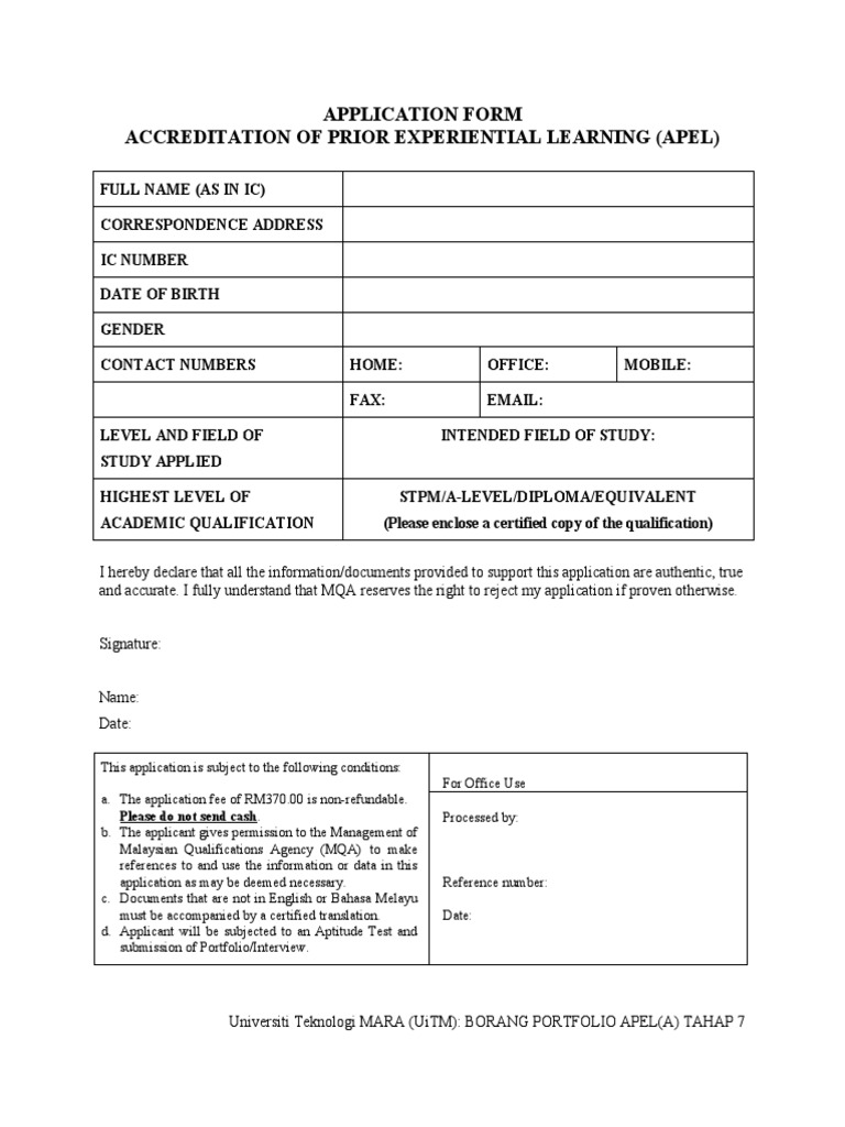 APEL(A) Level 7 Portfolio Application Form | PDF