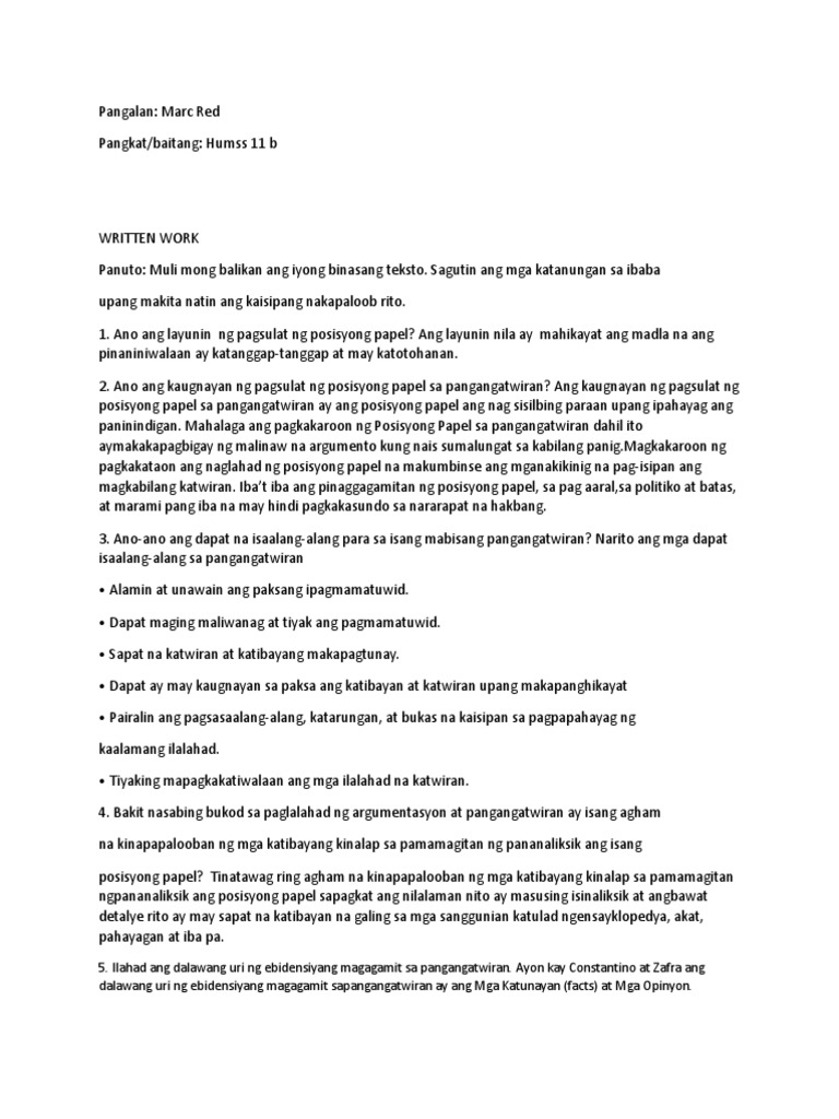 Aralin 12 Pagsulat NG Posisyong Papel, Humss 11-b Marc Red | PDF