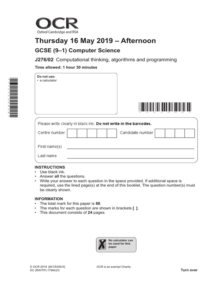 j276 - 02 May 2019 QP Ocr Gcse Computer Science | PDF | Data ...