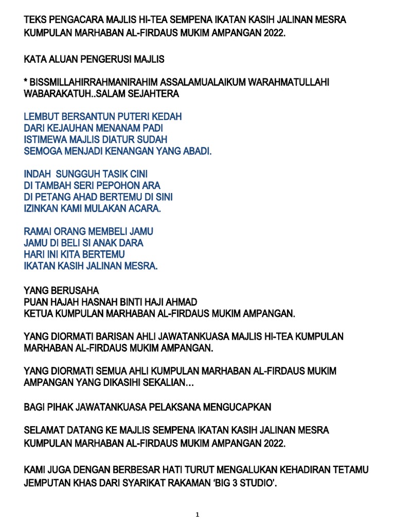 Teks Pengacara Majlis Hi Tea Kumpulan Marhaban Al-Firdaus 2022 | PDF