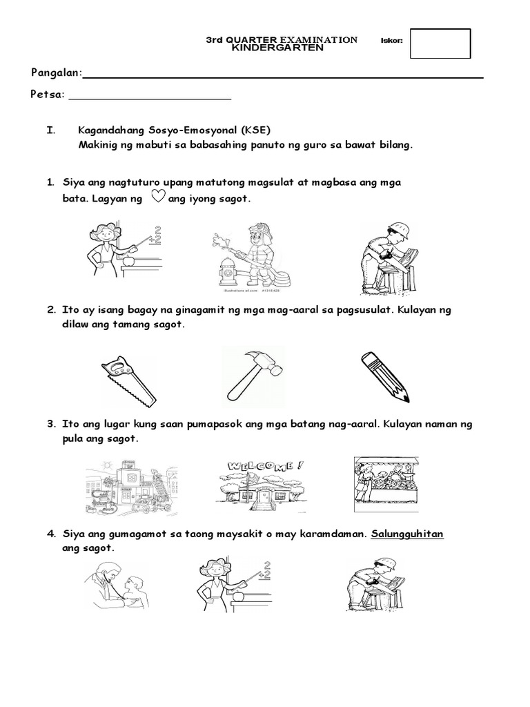 3rd Quarter Exam Kinder | PDF