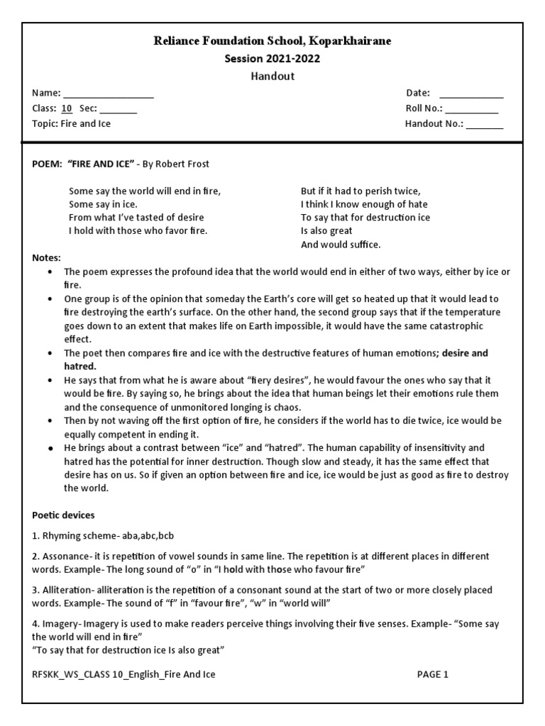 Class 10 - Handout - Fire and Ice | PDF | Poetry | Reason