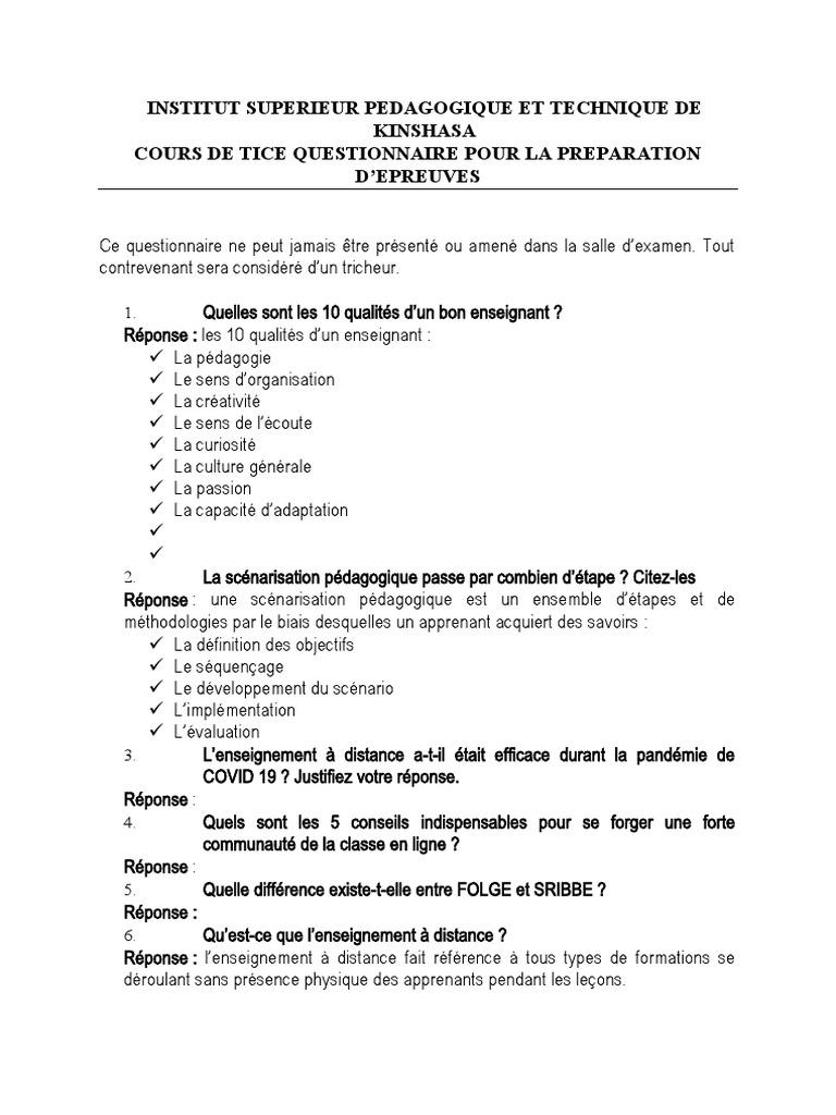 Questionnaire TICE pour Examens | PDF | Formation à distance | Pédagogie