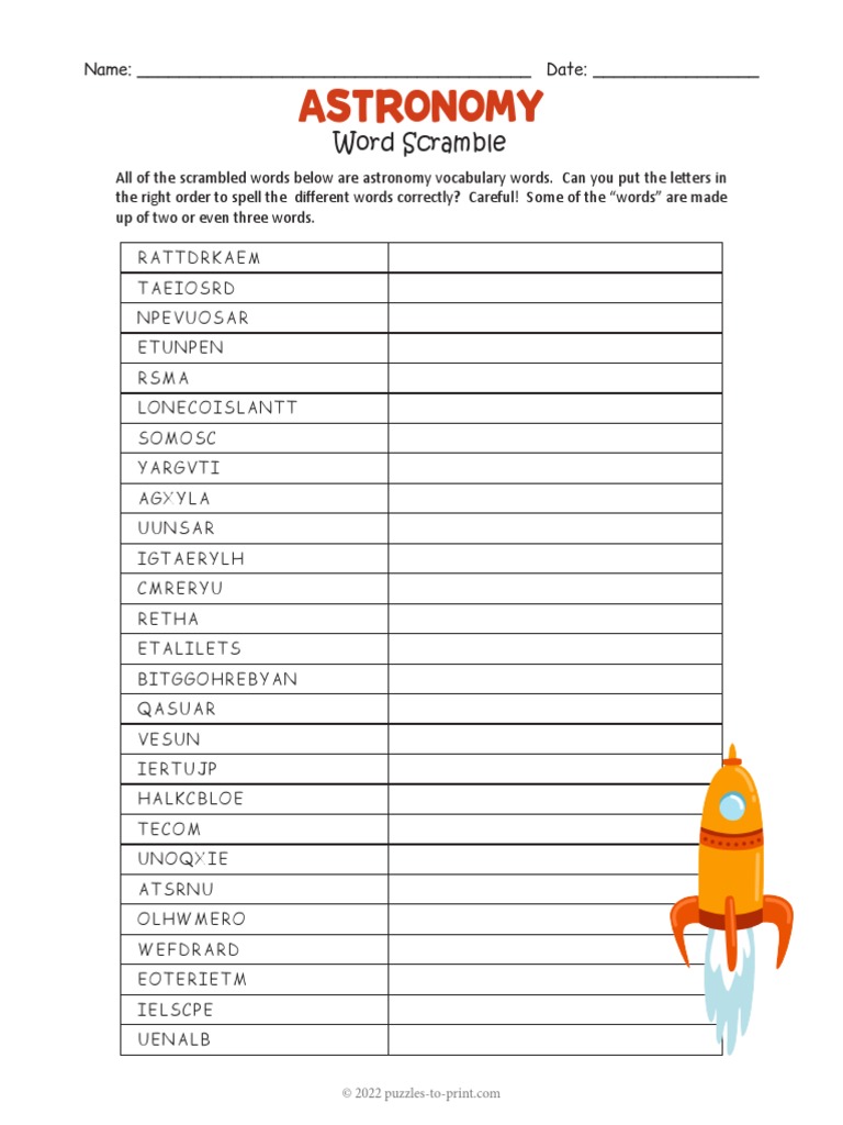 Astronomy Word Scramble 2 | PDF