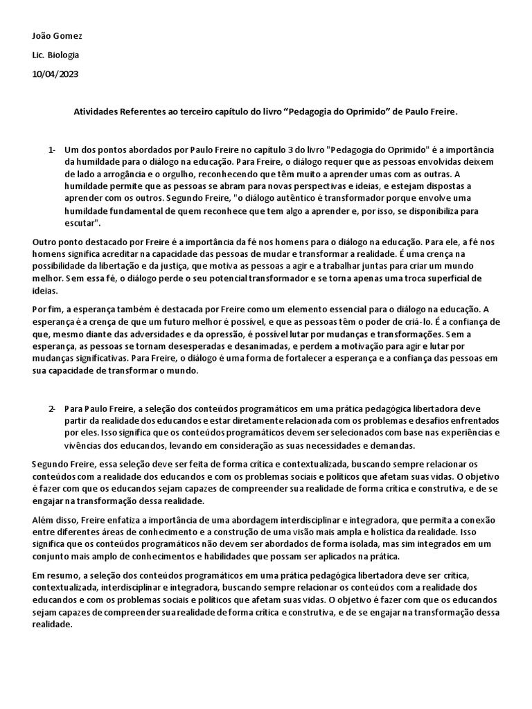 Resumo Cap 3 Pedagogia Do Oprimido | PDF | Realidade | Pedagogia