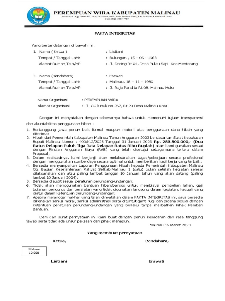 Contoh Fakta Integritas 2023 | PDF | Hukum